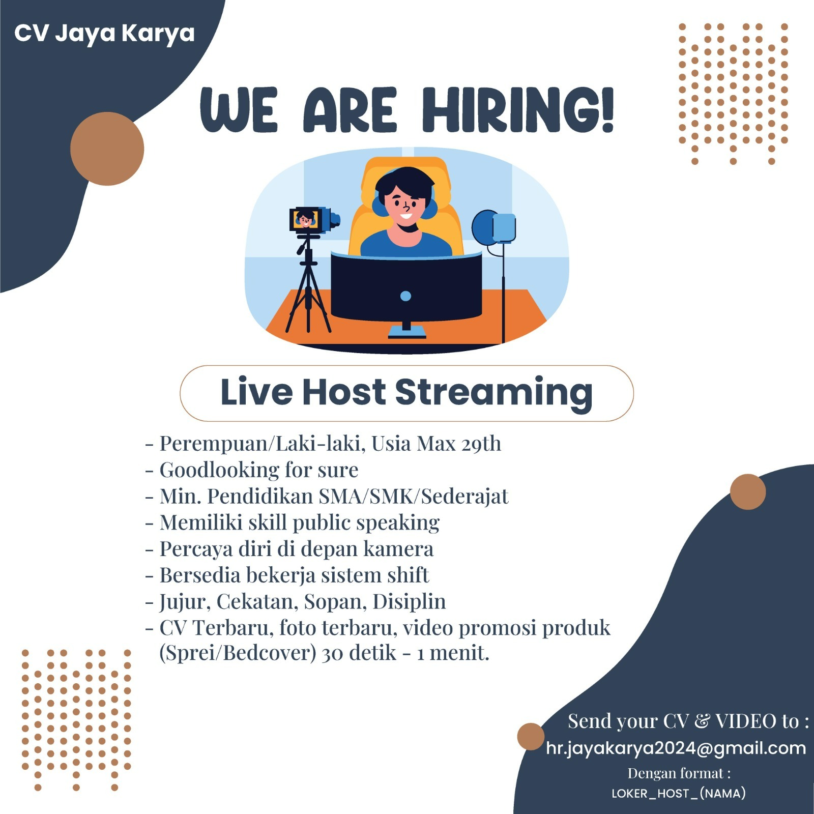 CV Jaya Karya Buka Lowongan Live Host Streaming, Kesempatan Emas untuk ...